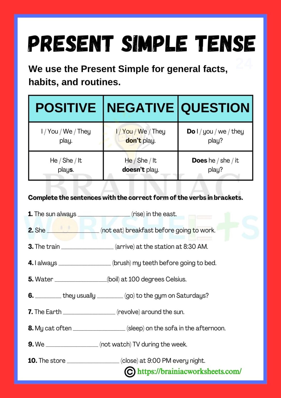 Present Simple Tense English Worksheet For Class 4 - Brainiac Worksheets