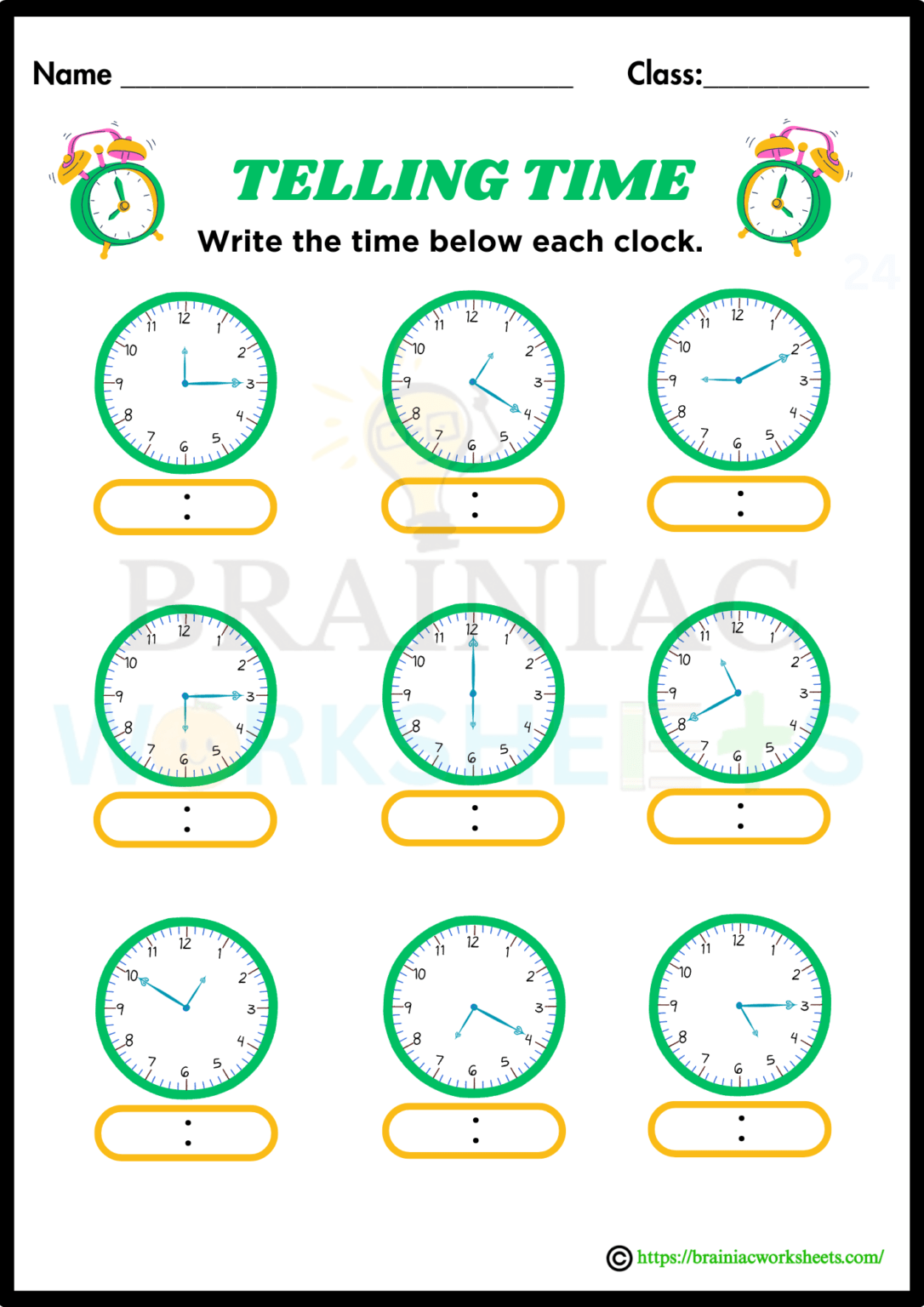 Time Telling Clocks Class 3 Math Worksheet - Brainiac Worksheets